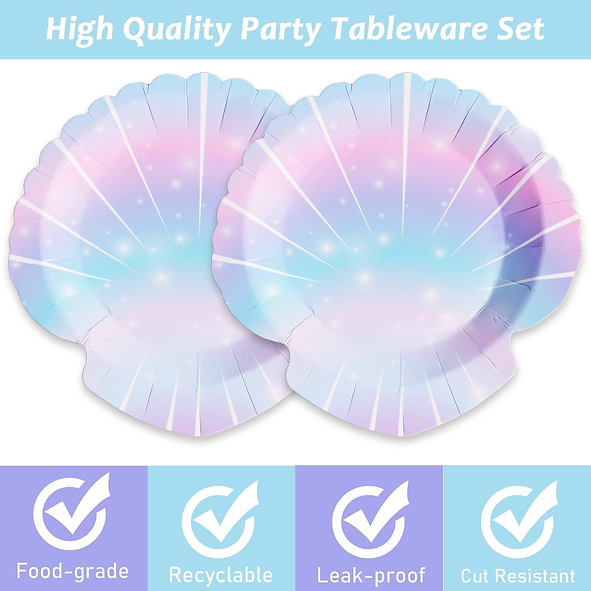 ZOIIWA 96 Pieces Mermaids Themed Party Decorations Mini Under the Sea Party Tableware for Girls Clam Shell Party Dessert Plates Napkins Forks for 24 Guests Birthday Party Favors