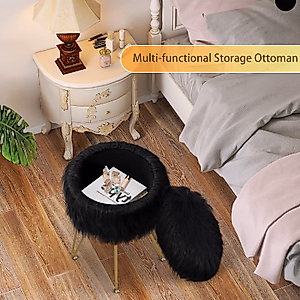 RunLexi Vanity Stool Chair with Storage, Faux Fur Makeup Room Seat Stool, Soft Padded Seat, Round Footrest Footstools with 4 Metal Legs & Adjustable Footings, Vanity, Bathroom, Bedroom Chairs Black