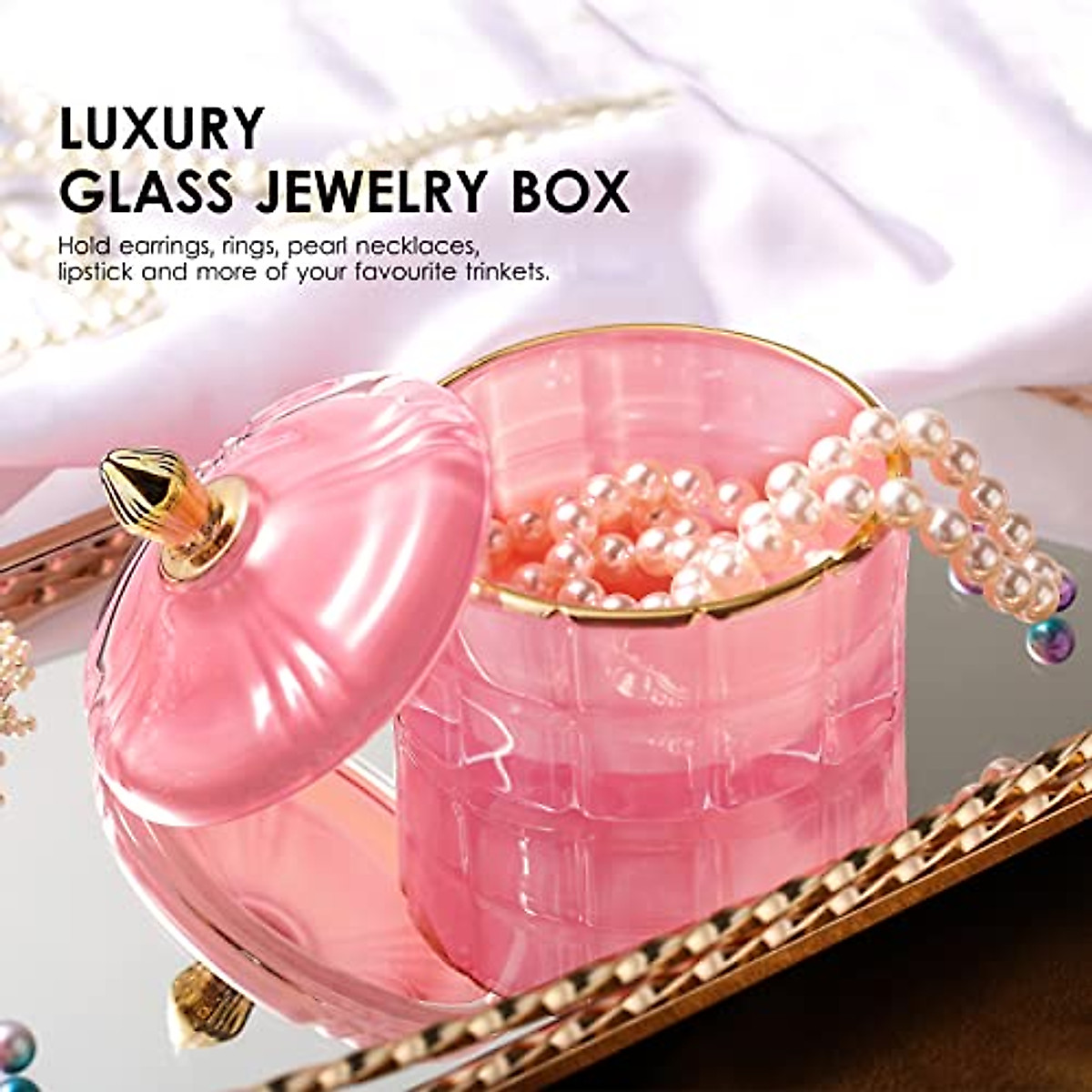 ALAMHI Glass Candy Dish Decorative Bowl, Apothecary Jars with Lids Bathroom Glass Jars for Cotton Ball or Cotton Swab Jewelry Storage Boxes with Lids, Crystal Pink Gifts for Women Coquette Room Decor…