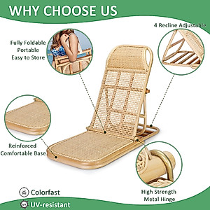 Folding Portable Beach Chair, 4-Gear Adjustable Chaise Lounge, Rattan Beach Chair, Floor Wood Chair,Pool Lounger Recliner, Portable Wicker Beach for Pool Home Yoga Meditate Office Relaxation