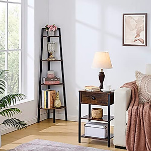 Hoctieon Corner Shelf, 4-Tier Corner Bookshelf, Rustic Corner Ladder Shelf, Industrial Display Shelf for Living Room, Kitchen, Home Office, Balcony, Small Space, Metal Frame, Rustic Brown