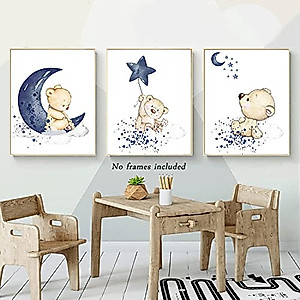 BDA36-Z Set of 3 poster丨Nursery children's room Bear Moon Star Decor Wall Art Poster丨Cute Modern Nordic Home Decor Poster blue painting art丨for Boy Girl Kids Room Playroom丨8x10 inch Unframed