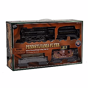 Lionel Battery-Operated Pennsylvania Flyer Freight Toy Train Set with Locomotive, Train Cars, Track & Remote with Authentic Train Sounds, & Lights for Kids 4+