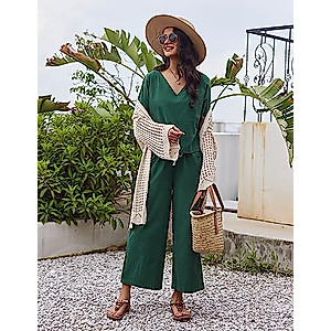 Ekouaer Women's 100% Cotton Linen Lounge Set Short Sleeve Top Wide Leg Pant Pajama Set Outfits,Viridian,X-Large