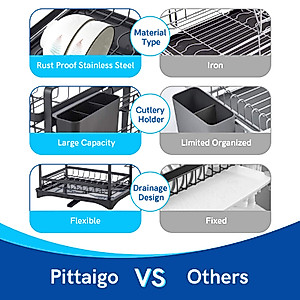 Flaovoth 2 Tier Dish Drying Rack, Dish Drainers for Kitchen Counter Dish Rack with Drying Drainboard, Adjustable Swivel Spout, Cutlery Caddy, Cup Hanging Holder, Spoon Rack and Knife Holder, Black