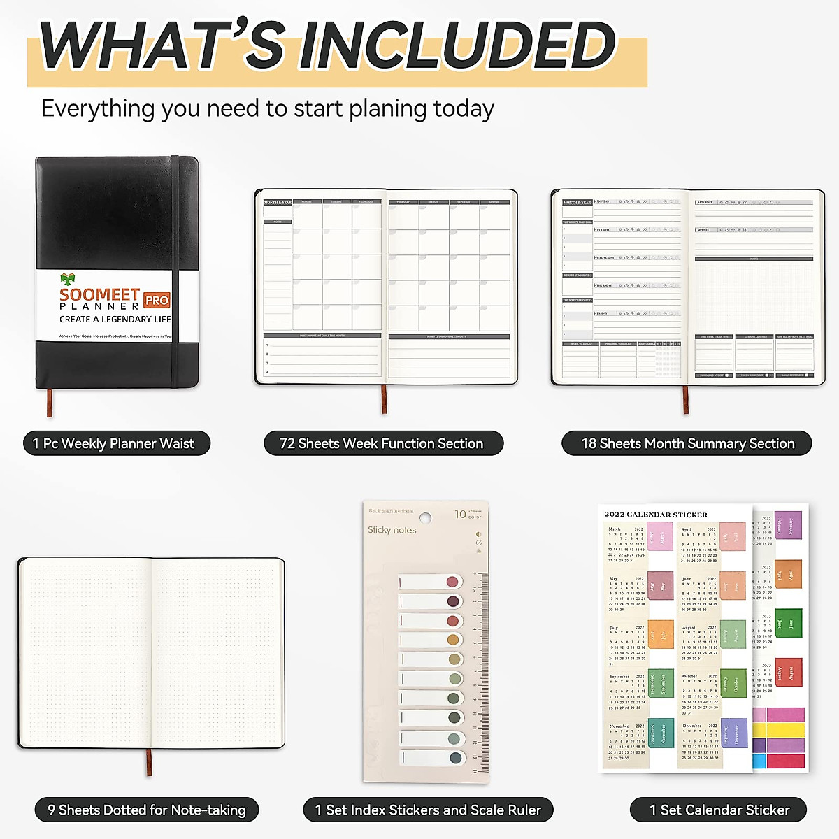 Soomeet Weekly Planner, Undated Planner Weekly and Monthly, Goal Planner, Calendar Stickers, Faux Leather Cover, Time Management Manual and Planner, A5 Hardcover with Ruler, 200 Pages, Black