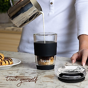 Tupkee Double Wall Glass Tumbler - 8-Ounce, All Glass Reusable Insulated Tea/Coffee Mug & Lid, Hand Blown Glass Travel Mug - Black