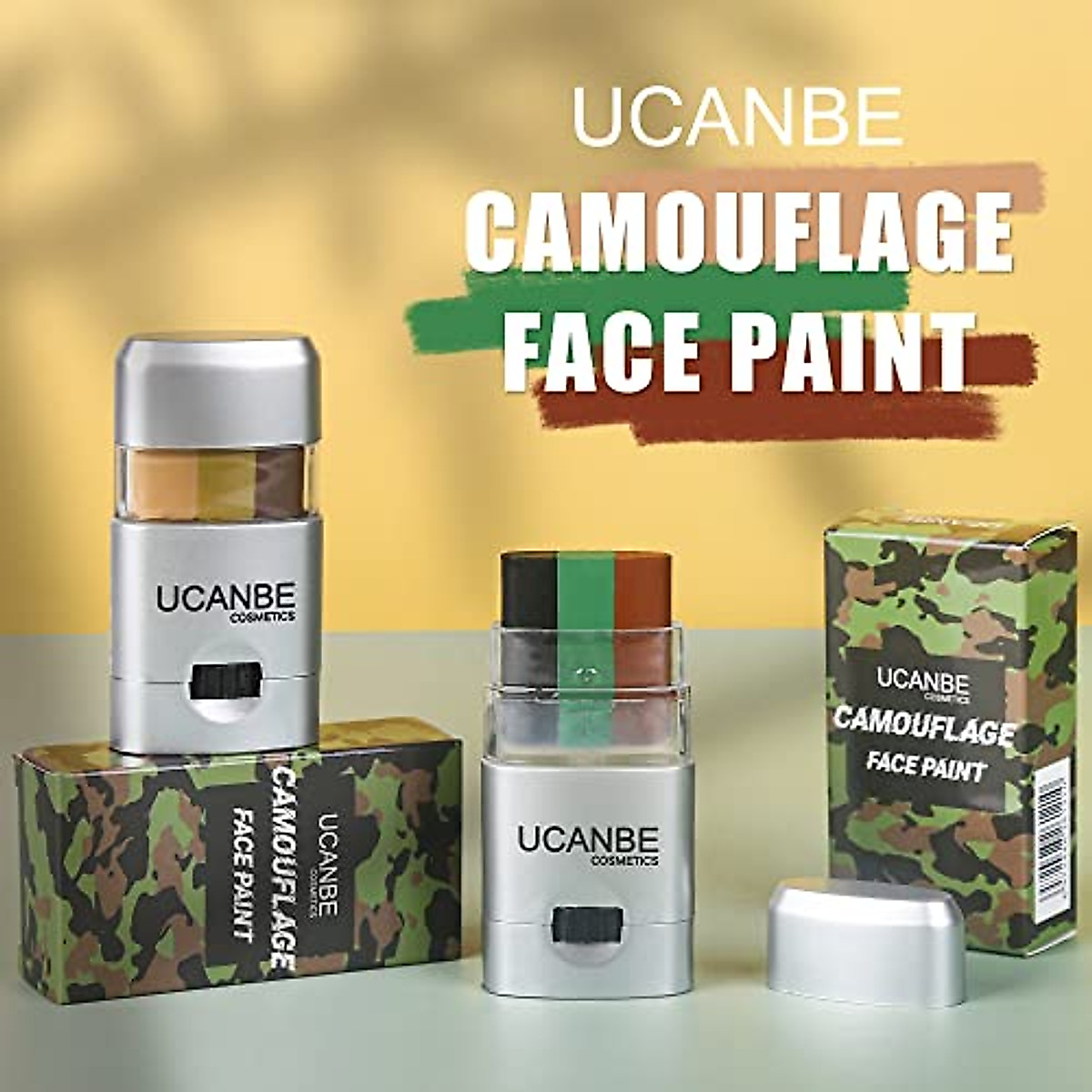 UCANBE Camo Face Paint,3 Color Camouflage Hunting Accessories,Face Paint Sticks,Non-Toxic Militarty Camo Paint,Oil Activated Makeup Sticks for Costume Party,Cosplay,Hunting,Army(Black+Green+Brown)