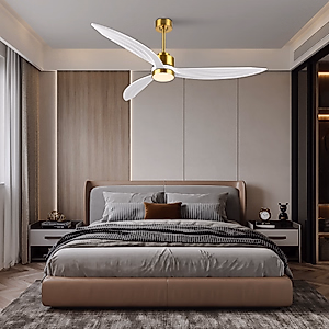 ELEHINSER 64" Wood Ceiling Fan with Lights and Remote Control, 3 Blades 6-Speed Dimmable Light Reversible DC Motor Ceiling fan for Kitchen Bedroom Dining Living Room, White Wood Blades with Gold