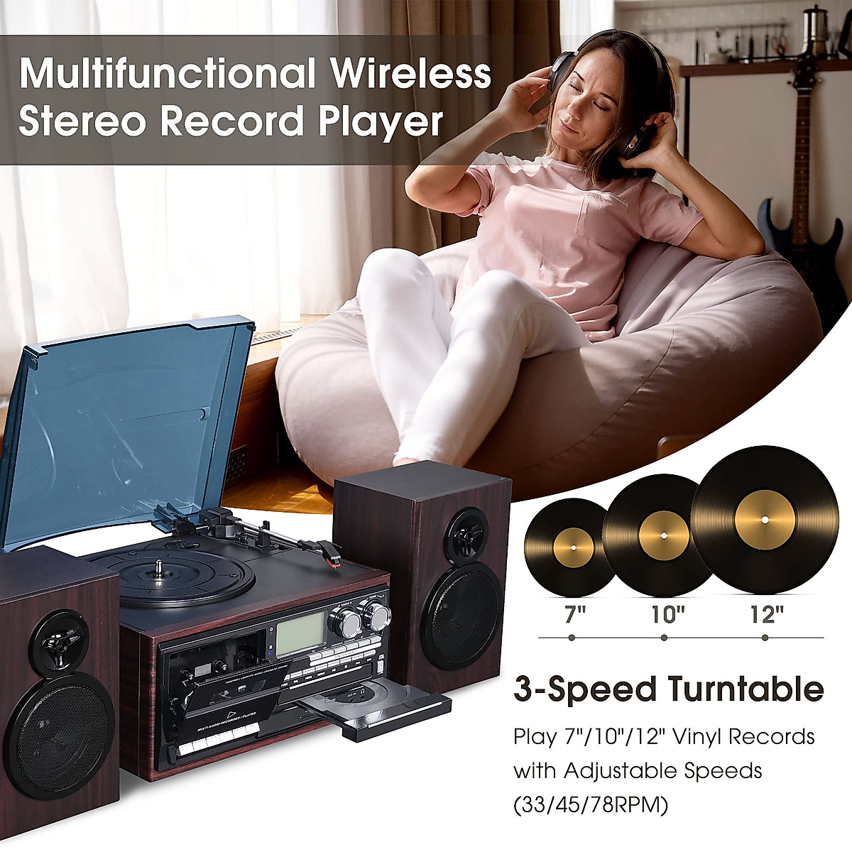 AW Vinyl Record Player with Speakers Turntable for Vinyl Records Stereo System for Home Bluetooth Tape Cassette CD Player Retro All in 1 AM/FM Radio