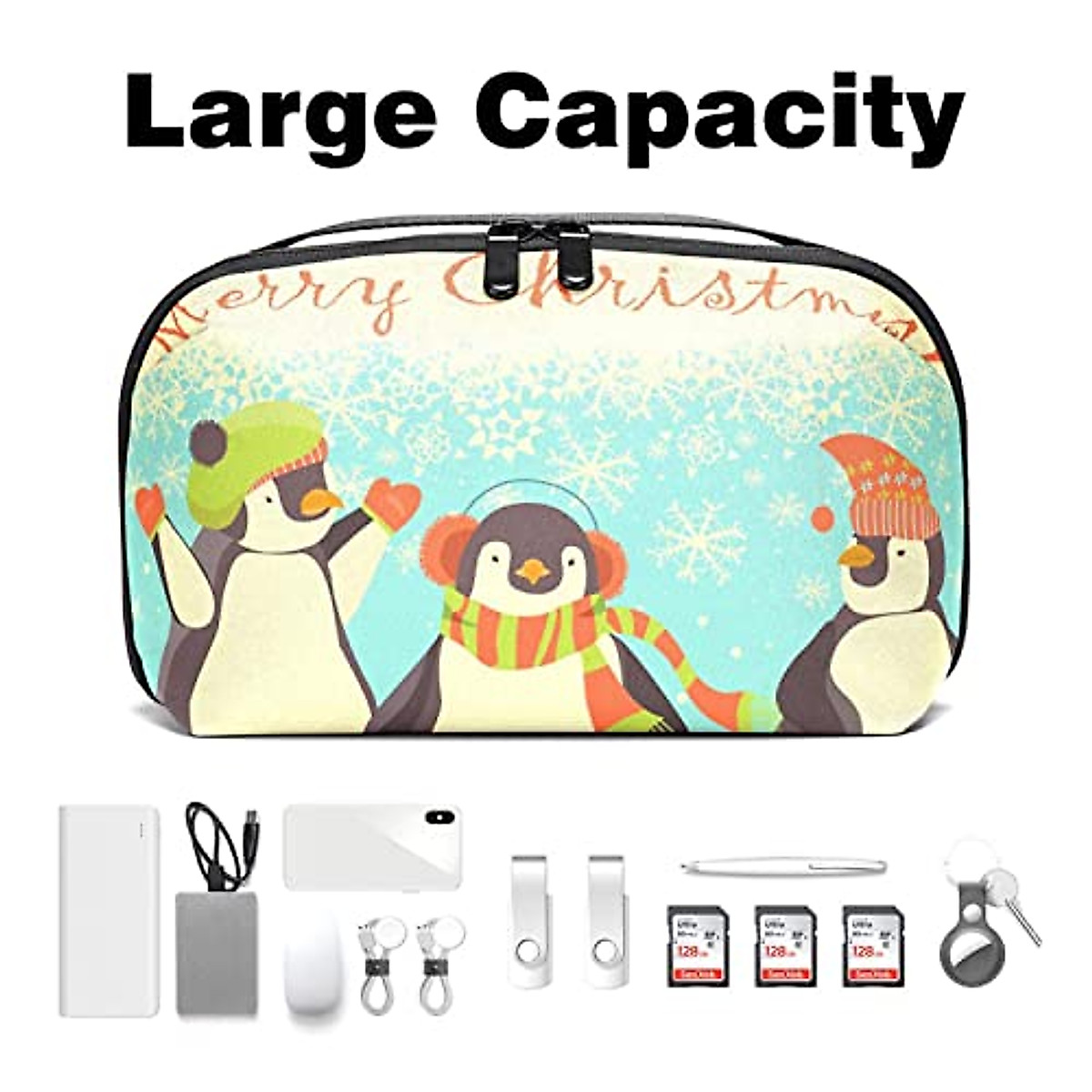Travel Cord Organizer, Tech Organizer, Electronics Organizer, Cable Organizer Bag, Cute Cartoon Christmas Penguin