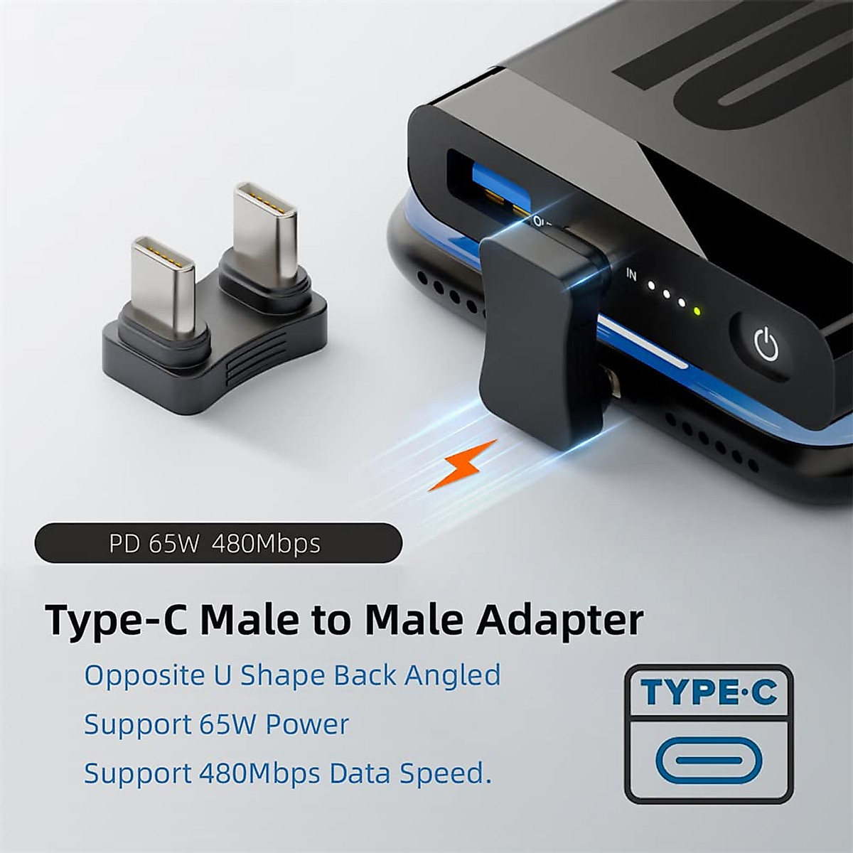 cablecc 480Mbps USB-C Type C Male to Male Coupler Extender Power Data Adapter Opposite U Shape Back Angled for Power Bank Phone Laptop