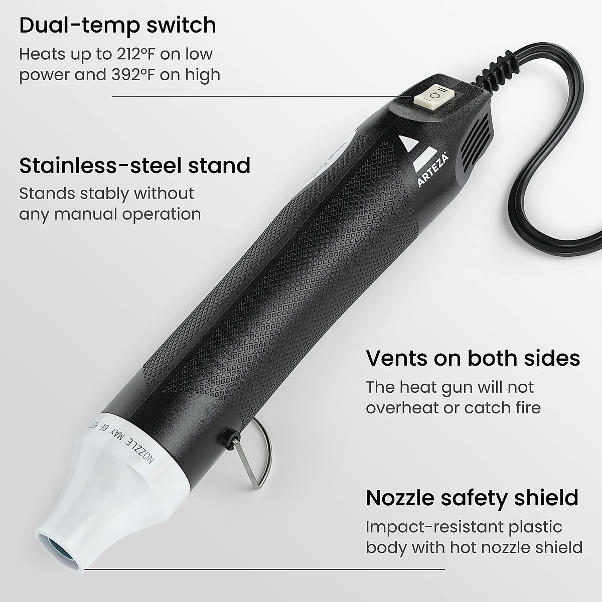 ARTEZA Mini Heat Gun for Crafts, 300W, 212–392° Fahrenheit, Ergonomic Lightweight Hot Air Gun for Embossing, Pouring, Drying Resin