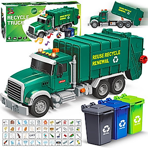 MOBIUS Toys Garbage Truck Toy – Recycling Vehicle for Boys with 3 Garbage Cans + 48 Flash Cards – Push & Go, Lights & Sounds – Multi-Functional Trash Truck w/Moving Parts for Ages 3-8