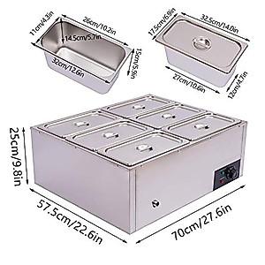 6 Pot Commercial Food Warmer 110V Buffet Food Warming Tray, 850W Countertop Electric Table Steamer Stainless Steel Soup Pot 30 to 85° Adjustable 6-Pan Food Warmer for Catering, Restaurants