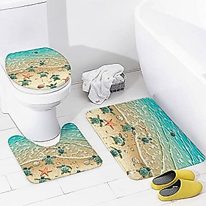 FUZHAO 4 Pcs Sea Turtle Beach Shower Curtain Sets,with Non-Slip Rug,Toilet Lid Cover & Bath Mat,Durable Waterproof for Bathroom Decor Set Including Hooks