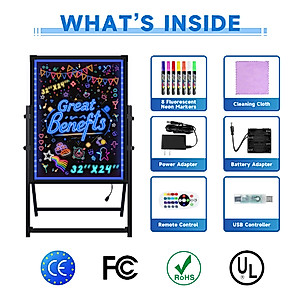 Hosim Standing A-Frame LED Message Writing Board, 24” x 16" Illuminated Erasable Neon Effect Restaurant Menu Sign, Flashing Mode DIY Message Chalkboard for Kitchen Wedding Promotions