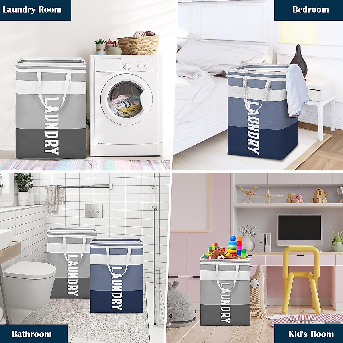2-Pack 75L Laundry Hamper Collapsible Waterproof Laundry Basket with Easy Carry Handles Freestanding Tall Clothes Hampers for Laundry Bedroom Bathroom (Grey & Dark Blue)