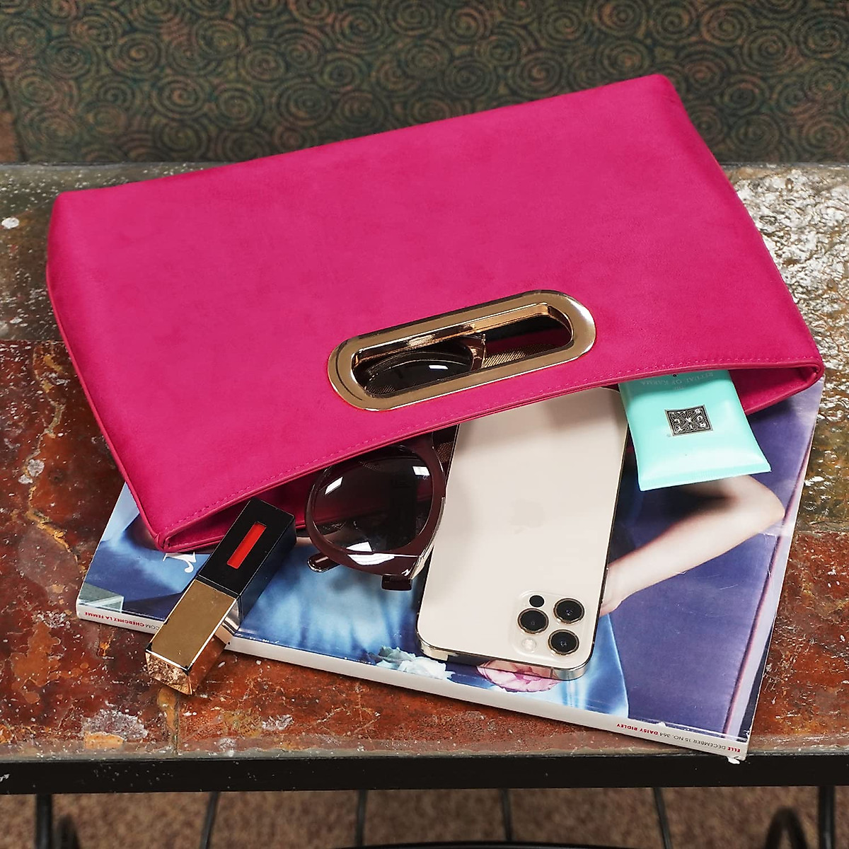 Top Handle Faux Suede Clutch (Fuchsia)