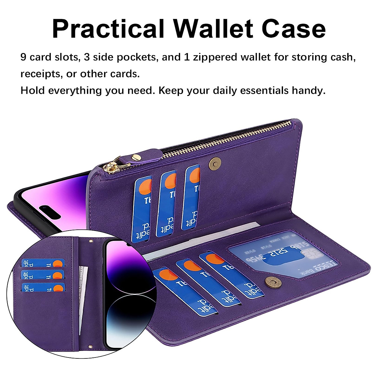 Jaorty Crossbody Case for iPhone 15 Pro Max, Purple with Strap Lanyard, Magnetic Flip Leather Wallet Case for Women, 6.7"