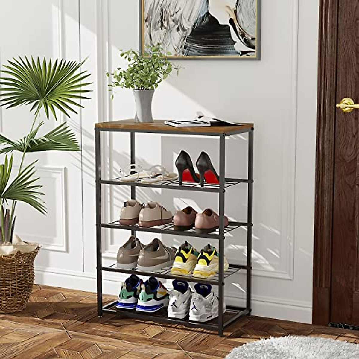 C&AHOME 5 Tier Metal Shoe Rack, 5 Tiers Shoe Rack, Storage Rack with 4 Metal Mesh Shelves and Top Board, Narrow Shoe Organizer for Closet Entryway, Free Standing Shoe Rack, Rustic Brown USRMW05RB