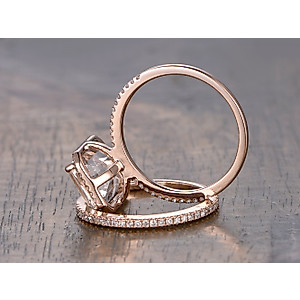 White Topaz Engagement Ring Set Diamond wedding ring 14K Rose Gold 10x8mm Emerald Cut Stone Promise