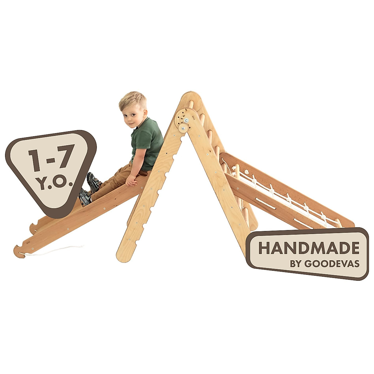 Set 3 in 1 Wooden Triangle Ladder + Climbing Net + Board Slide with Ramp, Montessori Play Gym for Toddlers - Kids Indoor Playground, Aged 6 Months to 7 Years