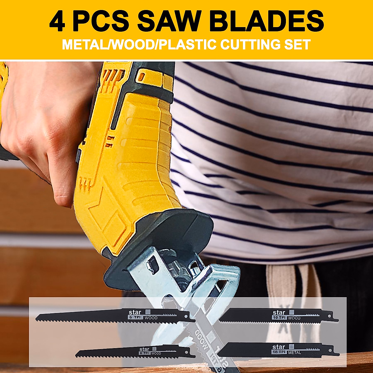 Cordless Reciprocating Saw for DeWalt 20V Battery, Brushless Power Recipro Saw, 0-3500SPM Variable Speed, Tool-free Blade Change, 4 Saw Blades Kit for Wood/Metal/PVC Cutting, Bare Tool