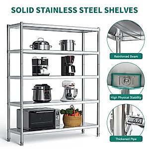 YITAHOME NSF Stainless Steel Shelves, 60"*18"*72" 5 Tier Storage Shelf, Heavy Duty Shelving for Kitchen Garage Office Restaurant Warehouse, 201 Bright Silver