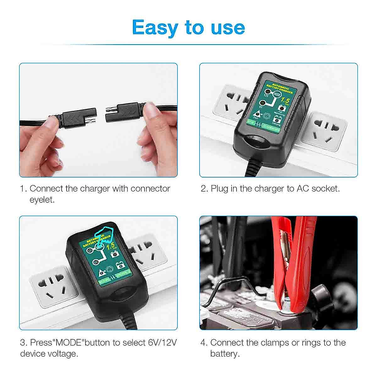 12V/6V 1.5 Amp Battery Charger for Harley Davidson Motorcycles Maintainer