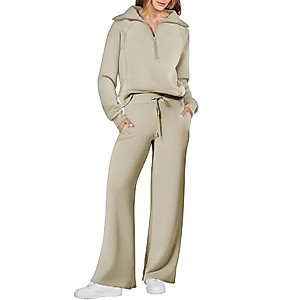 ANRABESS Women 2 Piece Outfits Sweatsuit Oversized Sweatshirt Sweatpants Tracksuit Sweat Lounge Matching Set 2024 Fall Trendy Light Khaki Medium