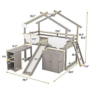 DNYN Twin Size House Bed with Storage Shelves & Pullable Desk & Wardrobe & Slide for Kids Bedroom,Wooden Bedframe w/Ladder & Cute Shaped Fence,Perfect for Boys and Girls,Space Saving Design, Gray