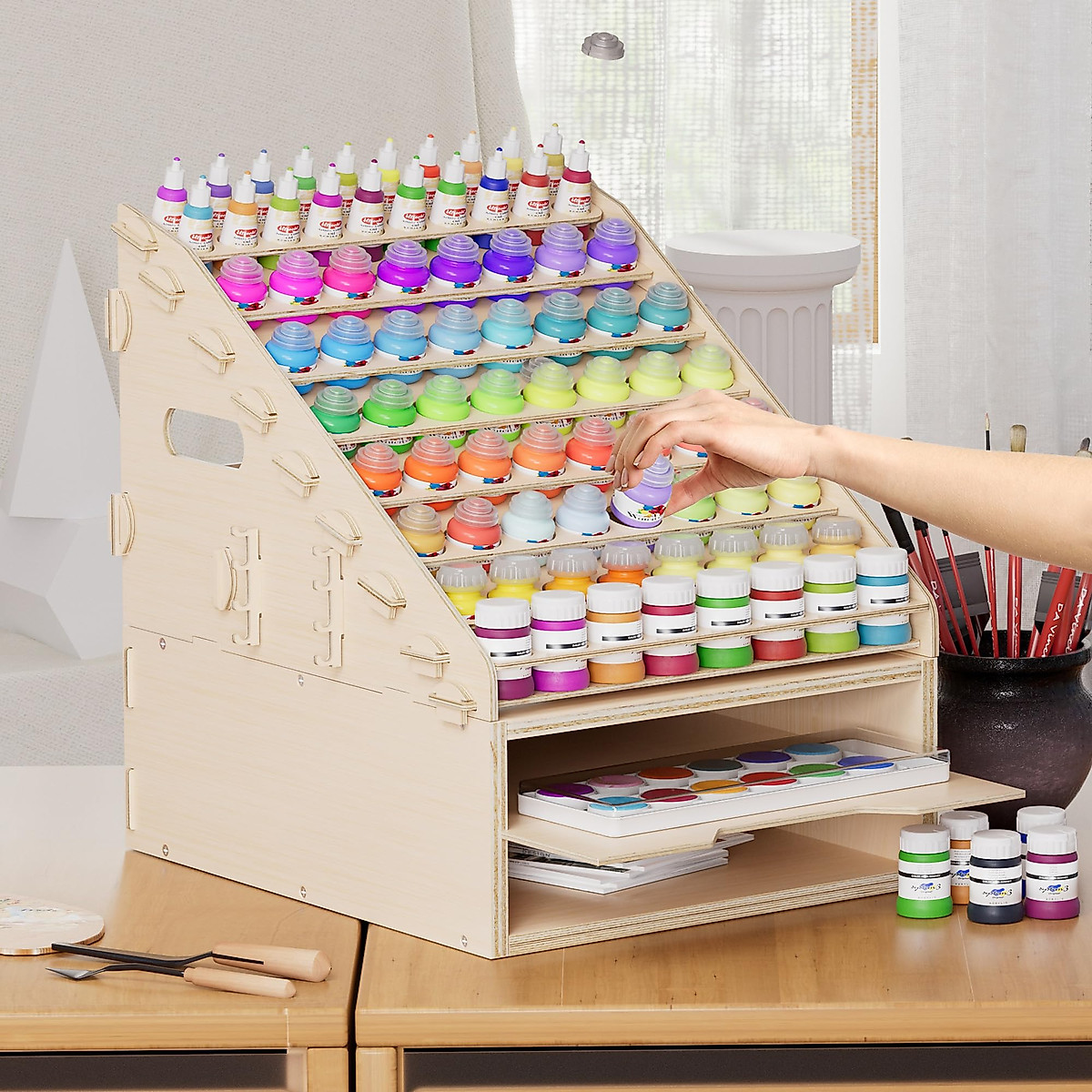 Gtouse Wooden Paint Storage Organizer, Citadel Paint Holder for 76 Bottles of Paints and 16 Paint Brushes Holder, 8-Tiers Craft Paint Storage Rack with 2 Cabinets for Art Tools for Artists