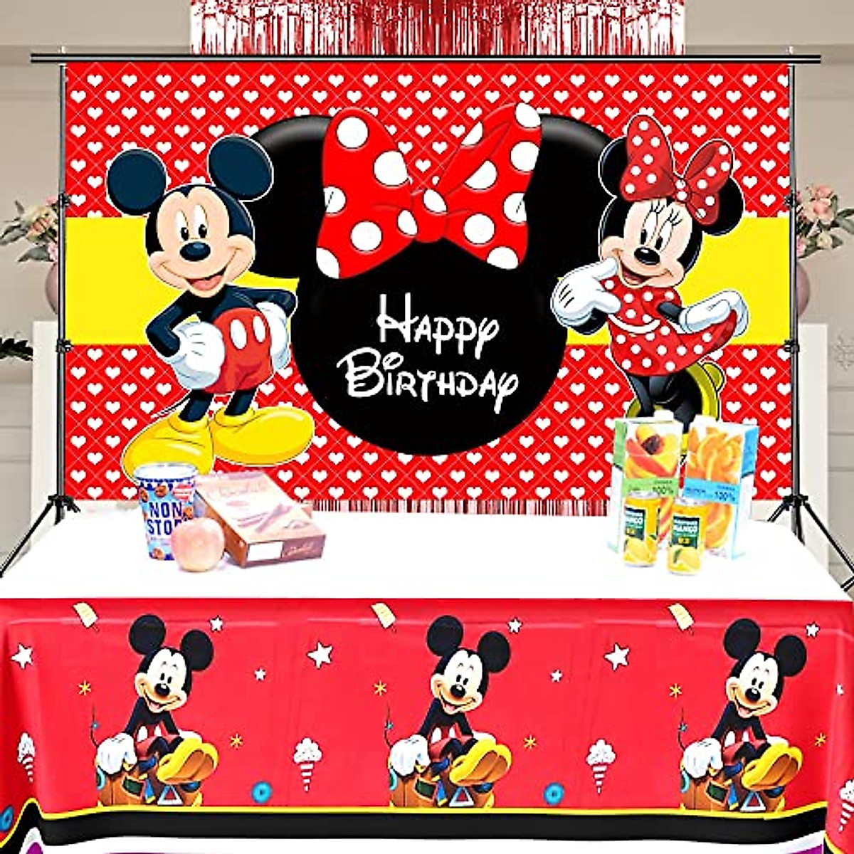 Mickey Minnie Mouse Themed Backdrop and Tablecloth Party Supplies Disney Cartoon Colorful Dots Photography Background Happy Birthday Banner Decorations