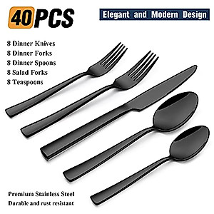 Wildone 40-Piece Black Silverware Set, Stainless Steel Flatware Square Cutlery Set Service for 8, Eating Utensils Include Knife Fork Spoon, Mirror Polished & Dishwasher Safe