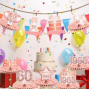 Happy 60th Birthday Rose Gold Table Honeycomb Centerpieces Balloons Theme Decor Table Decorations Table Toppers for Girls Women Sweet Princess 60 Years Old Pink Birthday Party Bday Supplies Ornament