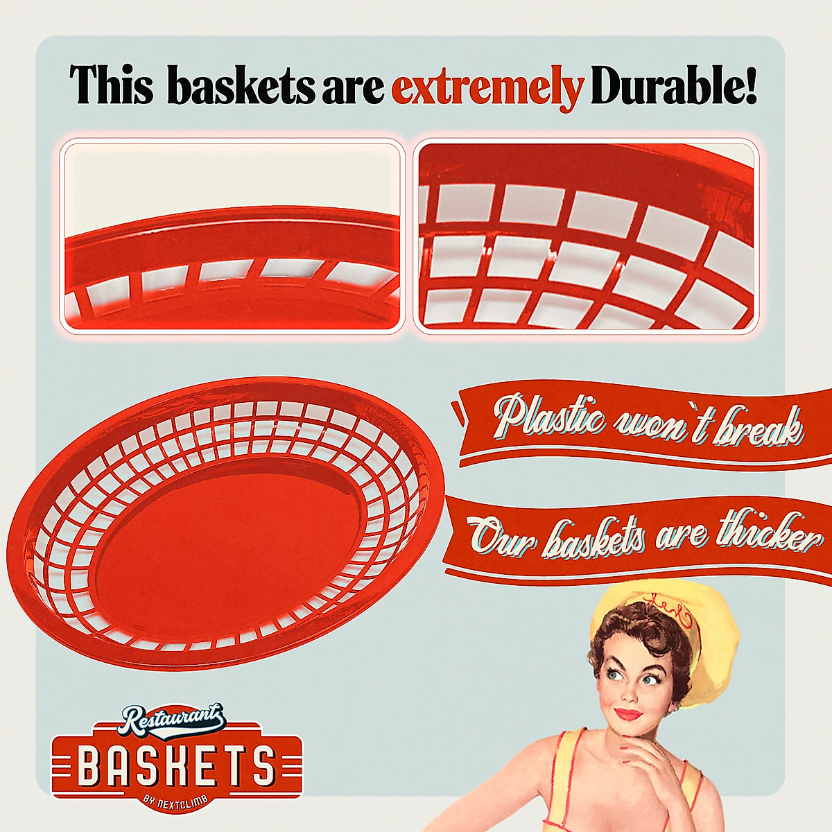 Restaurant Basket Fast Food Baskets - HUGE 12” x 9” SIZE Classic Oval Retro Plastic Foodservice Bread, Burger & Fries Tray Platter Set For Party, Picnic, Barbecue (Red 12-Pack)
