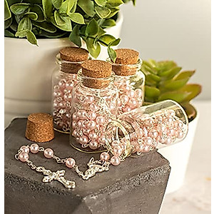 Baptism Favor (12PCS) Holy Communion Rosary in Glass Bottle Jar Recuerdos De Bautizo Quinceanera Pink Pearl Christening Recuerdos para Primera Comunion Niña Quinceanera Gift for Guests