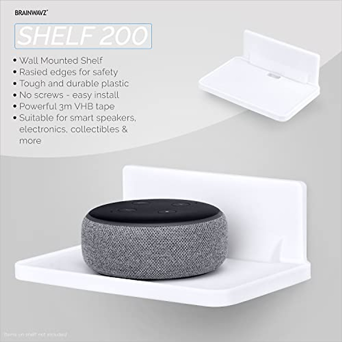 BRAINWAVZ 6.7" Adhesive Floating Wall Shelf for Small Speakers, Deco, Plants, Baby Monitors, Toys, Bathroom, Kitchen & More, Easy to Install, No Screws & Mess, 6.7” x 4.1 (SHELF200-White)