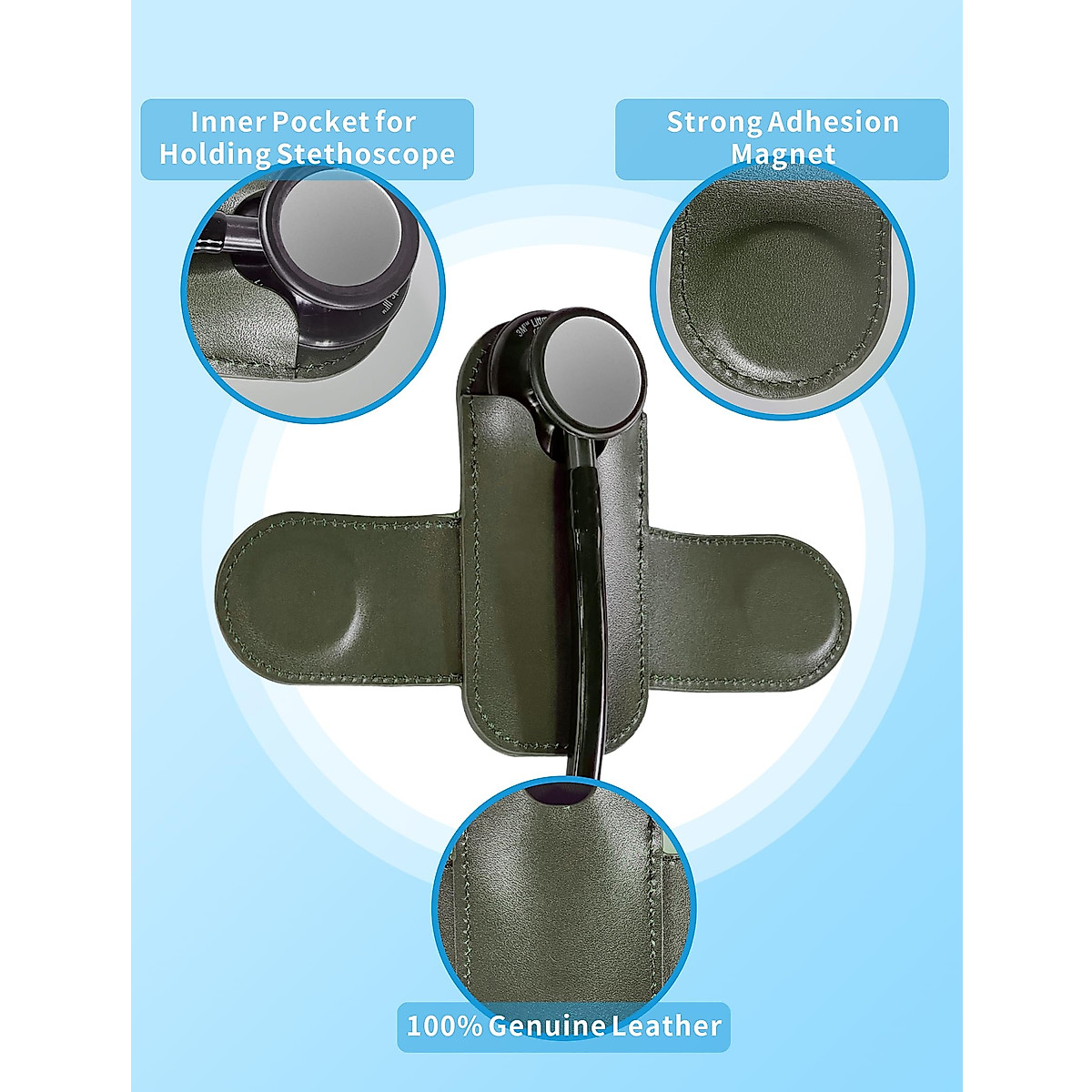 CaseLeather Stethoscope Holder, Genuine Top-Grain Leather | Strong & Durable | Magnetic Closure - Easy Access | for Doctors, Nurses, Adult (Green)