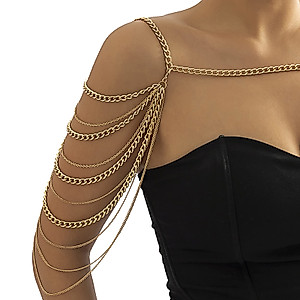 Punk Shoulder Chain Tassel Layered Upper Arm Chain Metal Multi Layer Tassel Shoulder Chain Bikini Fringe Backdrop Necklace for Women (Gold)