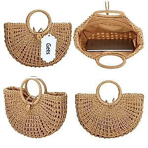 Round Straw Bag Rattan Crossbody Bag Handwoven Natural Summer Beach Shoulder Bag for Women (Khaki)