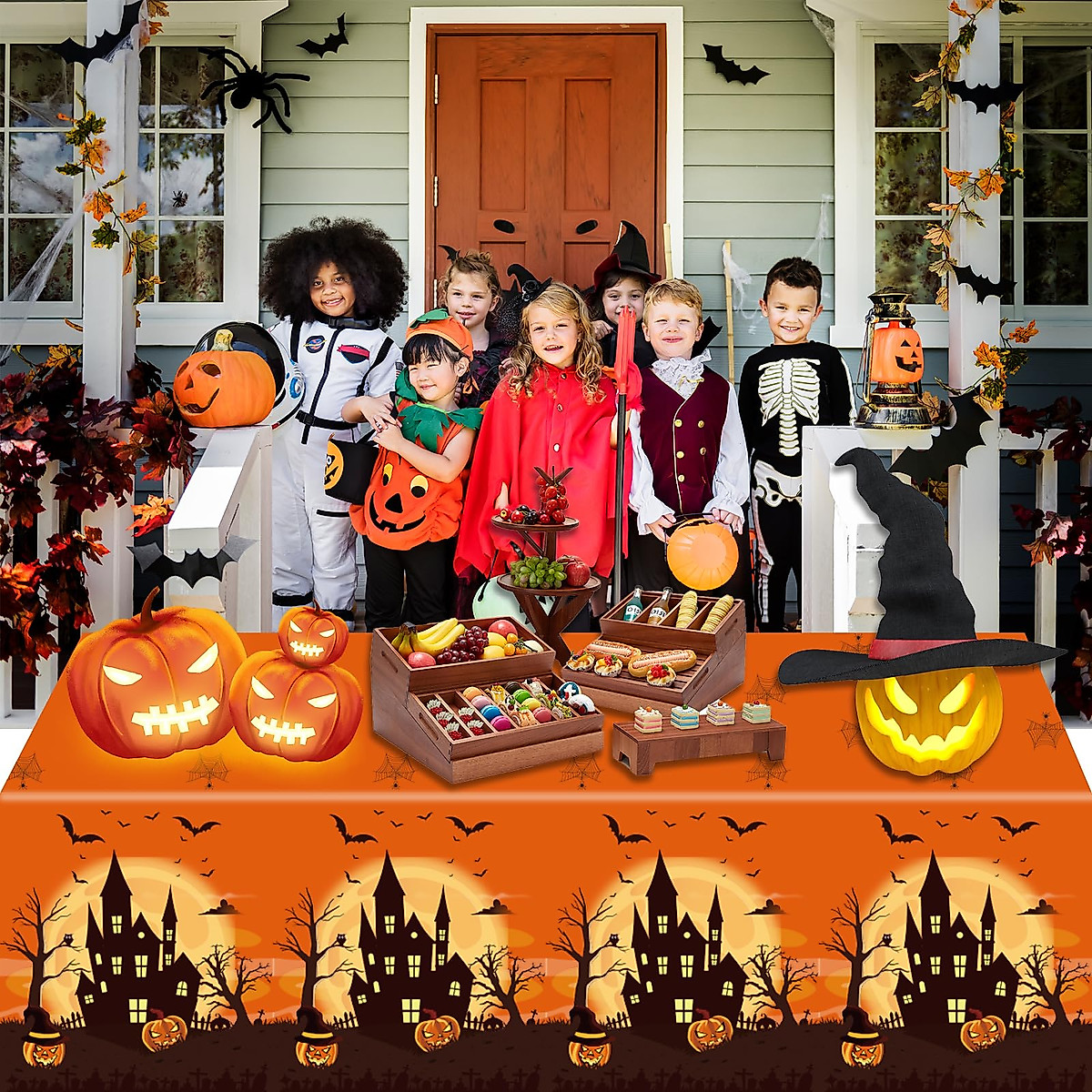 Kesfey 3 Packs Orange Halloween Tablecloth 54 x 108 Inches Scary Castle Ghost Pumpkin Table Cloth Disposable Waterproof Plastic Bat Spider Web Table Cover Trick or Treat for Halloween Party Dining