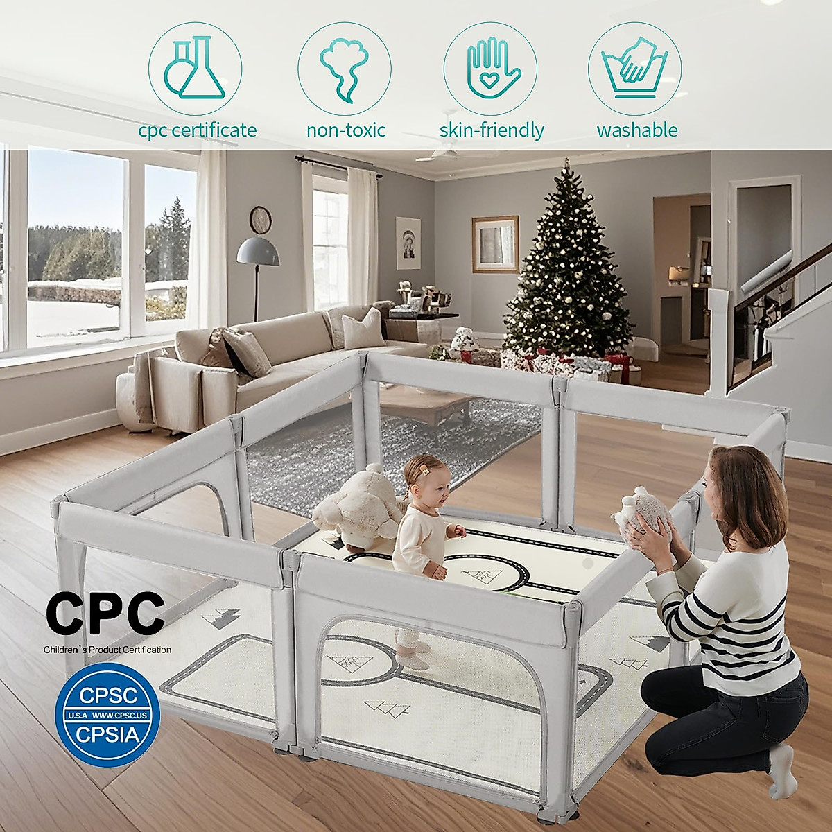 Doradotey Baby Playpen, Shape Adjustable Large & Small Playard for Toddlers, Foldable Playpen Baby Fence Indoors Play Center Yards, Breathable Mesh Anti-Fall Play Pens(71x79 Grey)