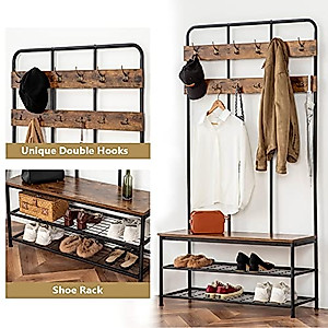 HOOBRO Hall Tree with Bench, Entryway Bench with Coat Rack, Mud Room Bench with 12 Double Hooks and Storage Bench, Coat Tree, Shoe Rack Organizer, for Foyer, Front Door, Rustic Brown BF05MT01