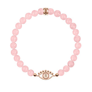 KARMA AND LUCK - Emotional Healing - Women's Real Rose Quartz 18K Rose Gold Plated Embedded Gorgeous Diamond Chip Evil Eye Charm Bracelet Handmade in Bali for Her