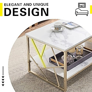 MKJLWO White Coffee Tables for Living Room, Square Marble Gold Coffee Table 2-Tier Storage Modern Center Table White Home Furniture Office Decor 43×21in