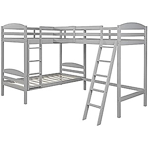 STP-Y Twin Over Twin Bunk Bed with 2 Ladders, Twin L-Shaped Bunk Bed and Loft Bed with Full-Length Guardrail, 3 Solid Wooded Bed Frames for Kids (Gray)