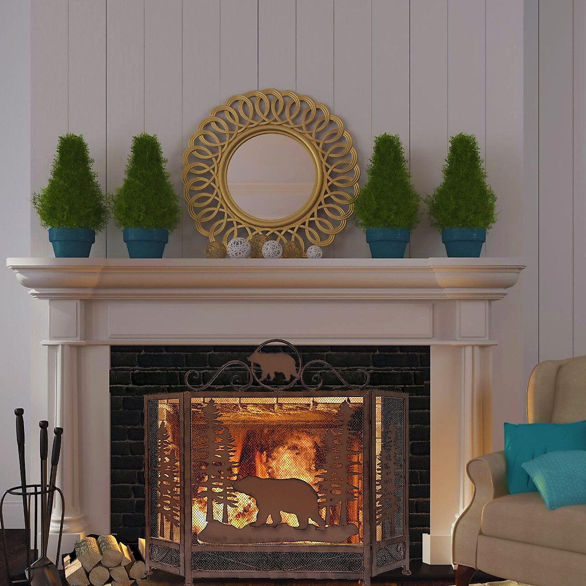 BestGiftEver 3-Panel Fireplace Screen Decorative with Bear Alone in The Forest - Stand Alone Fireplace Cover Metal Mesh Screen - Home Decorative Firescreen for Cabin, Wildlife, and Woodland Theme