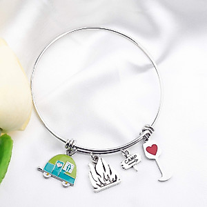 FUSTMW Travel Camper Bracelet Camping Charm Bangle RV Travel Trailer Camping Jewelry Gift for Women (Silver Bracelet)